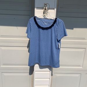 Talbots | Tops | Nwt Talbots Light Blue Navy Stripe Pom Pom Trim | Poshmark
